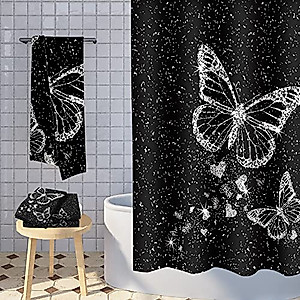 GURETER 7 Piece Butterfly Bathroom Sets with 71x72 Inches Black and Silver Shower Curtain and Rug and U-Shaped Bath Mat and Toilet Lid Cover and Towels and 12 Hooks, SET7MLGU3