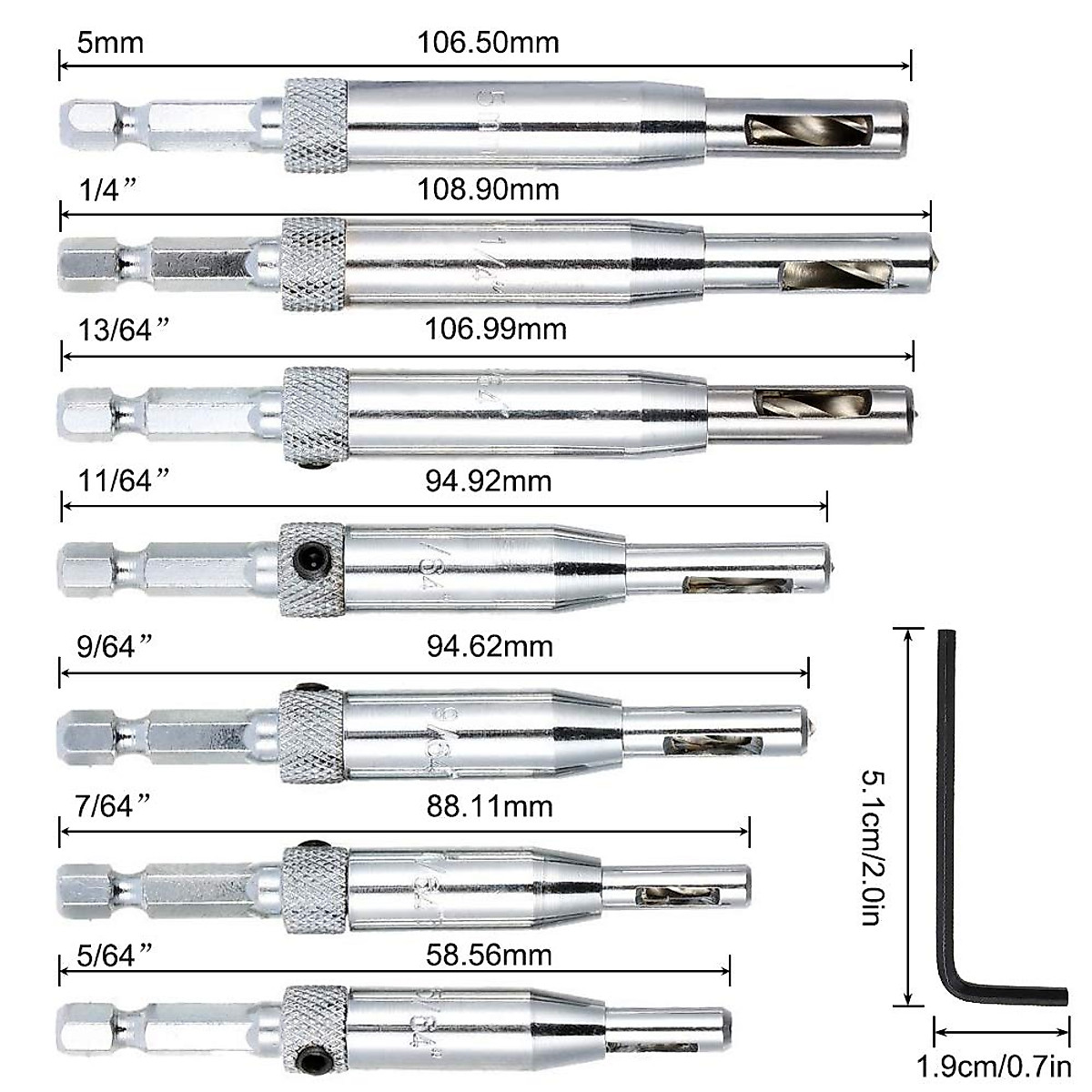 AFUNTA 8 pcs Center Drill Bit Set,Self Centering Hinge Tapper Core Hole Puncher Woodworking Tools for Cabinet Door 5/64'' 7/64'' 9/64'' 11/64'' 13/64'' 5mm 1/4'' with 1 pcs Hex key