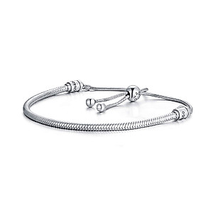 LONAGO Jewelry Moments Slider Snake Chain Charm Bracelet 925 Sterling Silver Sliding Clasp Adjustable Link Fit Snake Charm Bead Birthday Gift for Women Mom