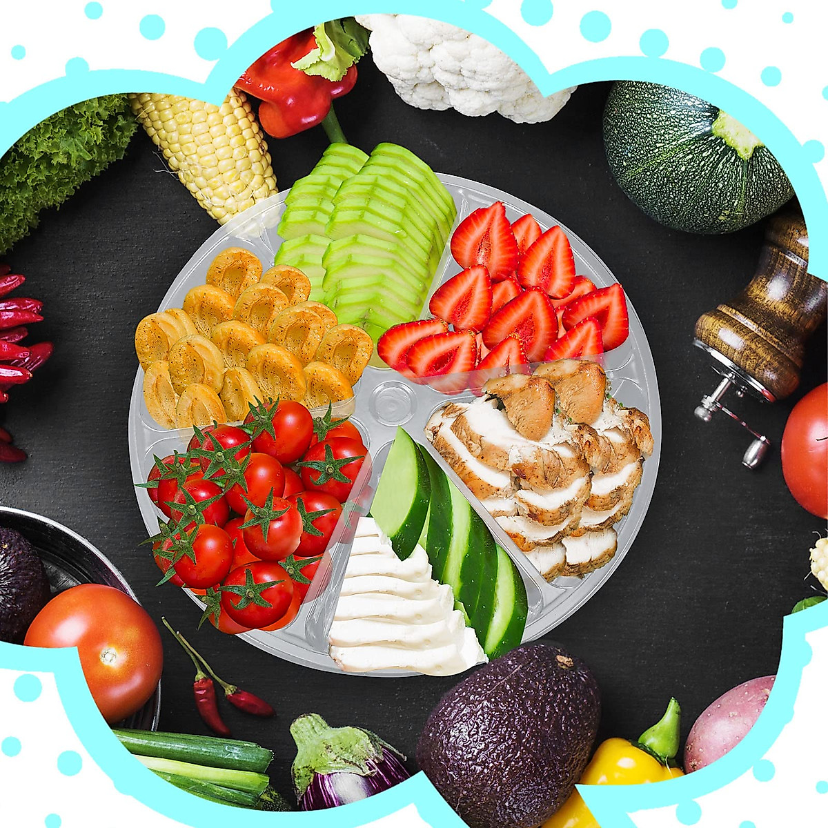 Baderke 10 Pack 10 Inches Round Plastic Serving Tray 6 Sectional Plastic Appetizer Tray with Lid Clear Food Platters Round Platter Container Veggie Fruit Organizer for Party and Buffet (Clear)