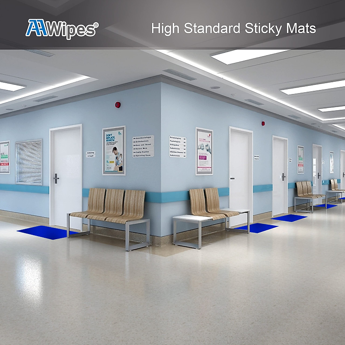 AAwipes Sticky Mats 18" x 36" (Blue, Case of 10 Mats, 30 Sheets/Mat) Cleanroom Sticky Floor Mats Peel Off for Construction, Laboratory, Hospital, Medical Office, Gym, Pet