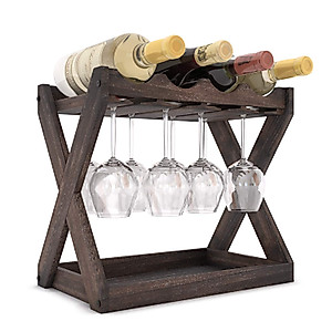 Rustic State Cava Countertop Solid Wood Wine Rack for 4 Bottles and 6 Stemware Glass Holder Cork Storage Tabletop Tray Freestanding Organizer - Home, Kitchen, Dining Room Bar Décor - Walnut