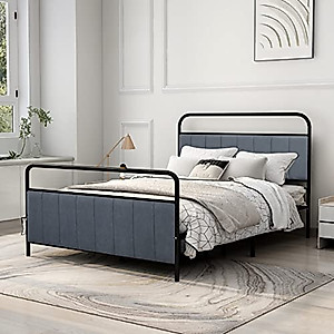 AGARTT Metal Platform Full Size Bed Frame with Upholstered Headboard Metal Slat Support Noise-Free No Box Spring Needed Dark Grey