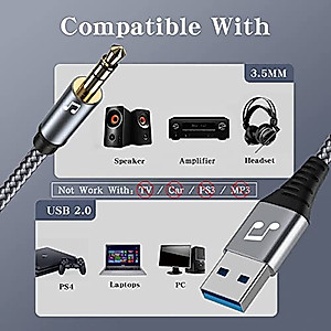 6 FT USB to 3.5mm Audio Jack Adapter，USB 2.0 to 3.5mm AUX Stereo Audio Cord，Compatibility with Laptop, Speaker, Support Windows，Not Applicable to Charging and MP3, Truck, TV USB Ports (6FT, Grey)