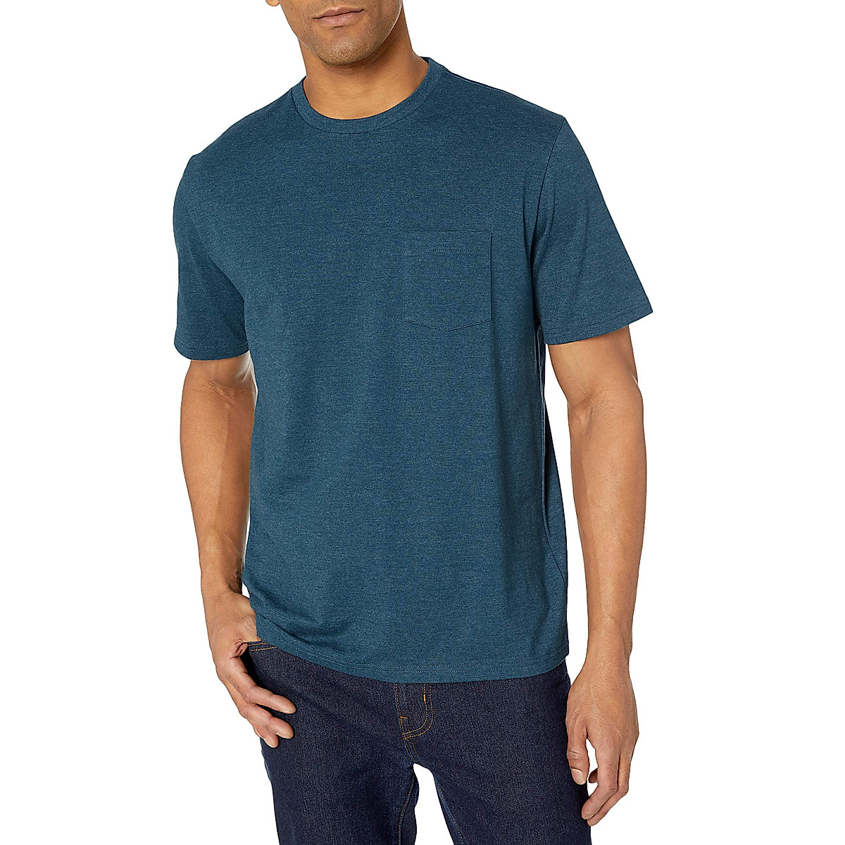 Amazon Essentials Men's Regular-Fit Short-Sleeve Crewneck Pocket T-Shirt, Pack of 2, Teal Blue/Charcoal Heather, Large