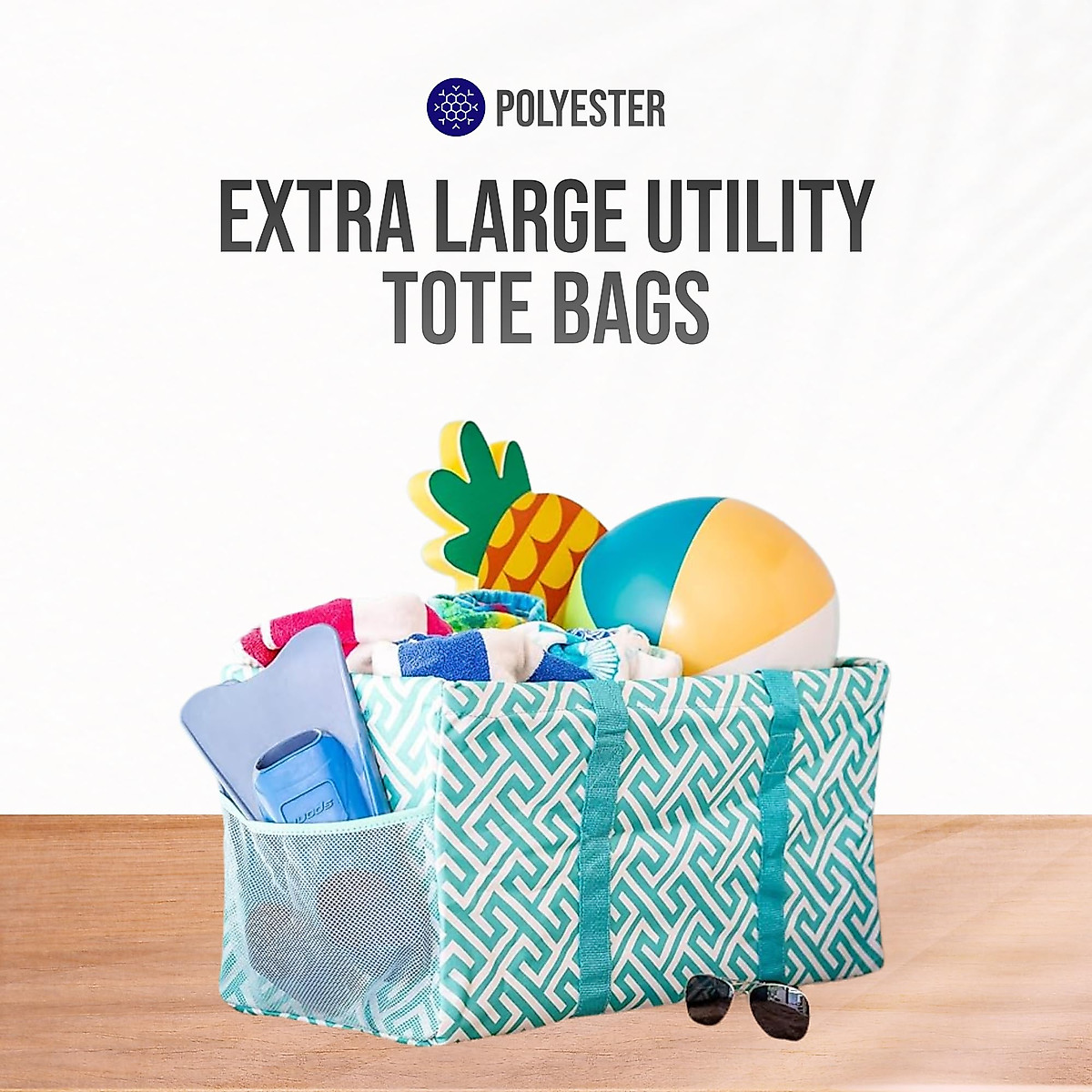 Lucazzi Extra Large Utility Tote Bag - Oversized Collapsible Reusable Wire Frame Rectangular Canvas Basket With Two Exterior Pockets For Beach, Pool, Laundry, Car Trunk, Storage - Geometric Teal
