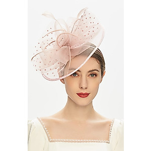 Fascinators Hats for Womens 50s Headwear with Veil Flower Cocktail Wedding Tea Party Church Derby Hat(3-blush pink)