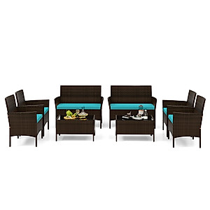Tangkula 8 Piece Patio Rattan Conversation Set, Outdoor Wicker Furniture Set with Chair, Loveseat & Tempered Glass Table, Cozy Seat Cushions, Outside Sectional Sofa Set for Backyard (2,Turquoise)