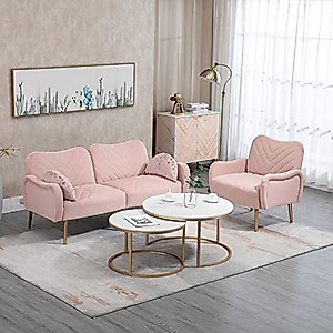 GNIXUU Small Couches for Living Room 65 inch, Mid Century Modern Velvet Love Seats Sofa Convertible Futon Bed with 2 Bolster Pillows, Loveseat Armrest for Bedroom, Apartment, Office, Pink