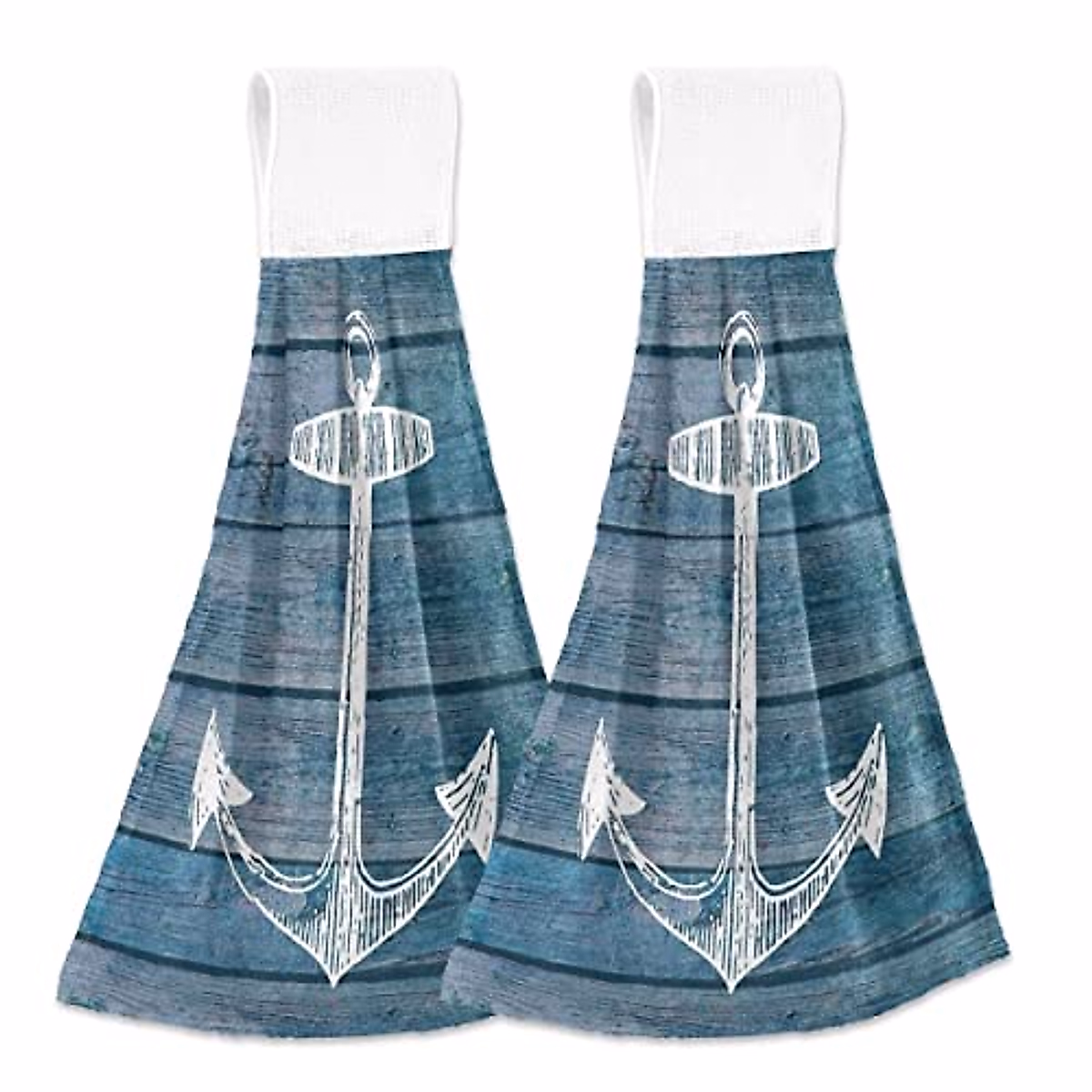 Giwawa Nautical Theme White Anchor Hanging Hand Towels Wooden Planks Towel for Bathroom Washcloth Absorbent Tie Towel Summer Design Kitchen Hand Towels with Hook & Loop Set of 2