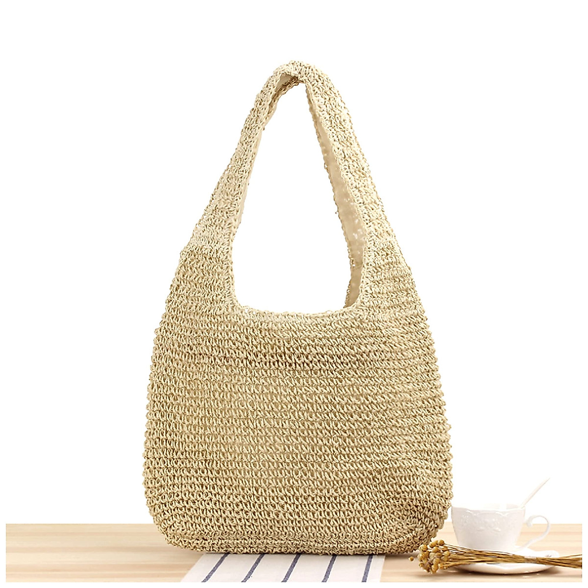 Naimo Women Straw Bag Woven Fishing Net Tote Handbag Rattan Shoulder Bag Weaving Straw Travel Beach Bag