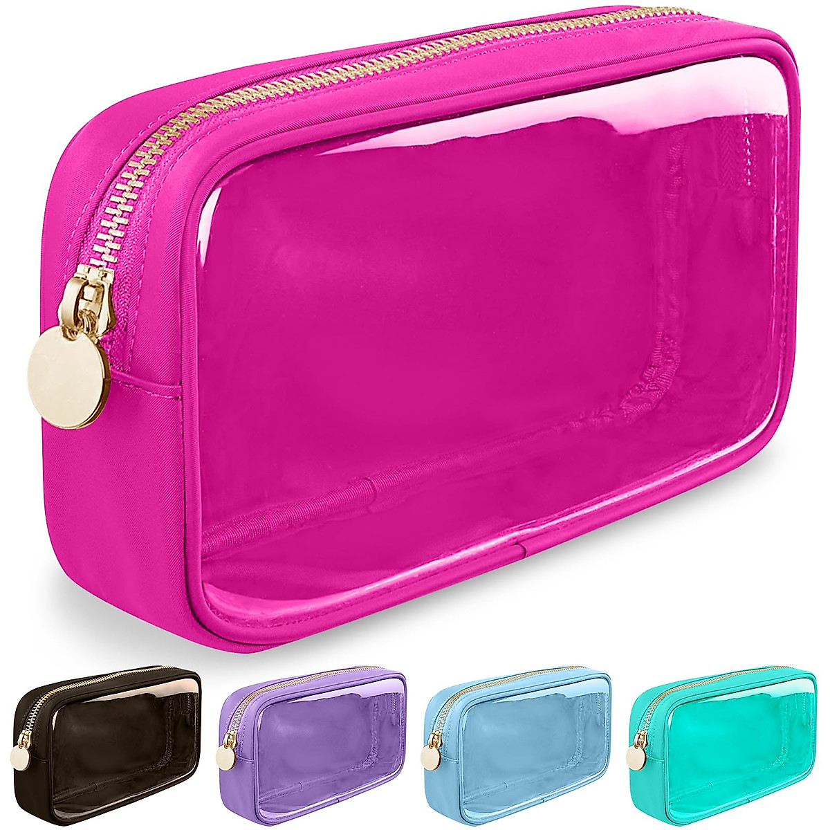 Small Clear Travel Makeup Organizer Bag for Purse, Preppy Makeup Bag Cute Cosmetic Zipper Pouch Purse, Transparent PVC & Nylon Waterproof Toiletry Storage Clutch Coin Pouch for Women Girls(Hot Pink)