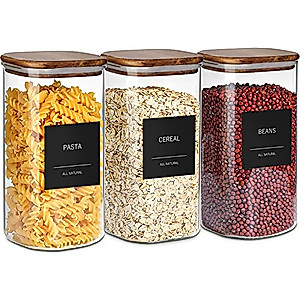 GMISUN Airtight Glass Storage Canister with Lid, 50oz Clear Glass Food Containers with Bamboo Lids, Square Kitchen Pantry Food Canister Jars for Pasta Coffee Beans Flour Cereal, 3 Pack
