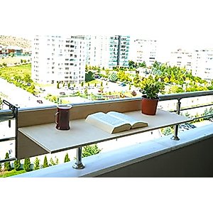 GENESIS WOODESIGN Balcony Bar Table for Railings, Balcony Folding Deck Table, Wooden Adjustable Hanging Deck Table for Patio, Apartment, Garden (Natural, 59" L x 11.8" W)