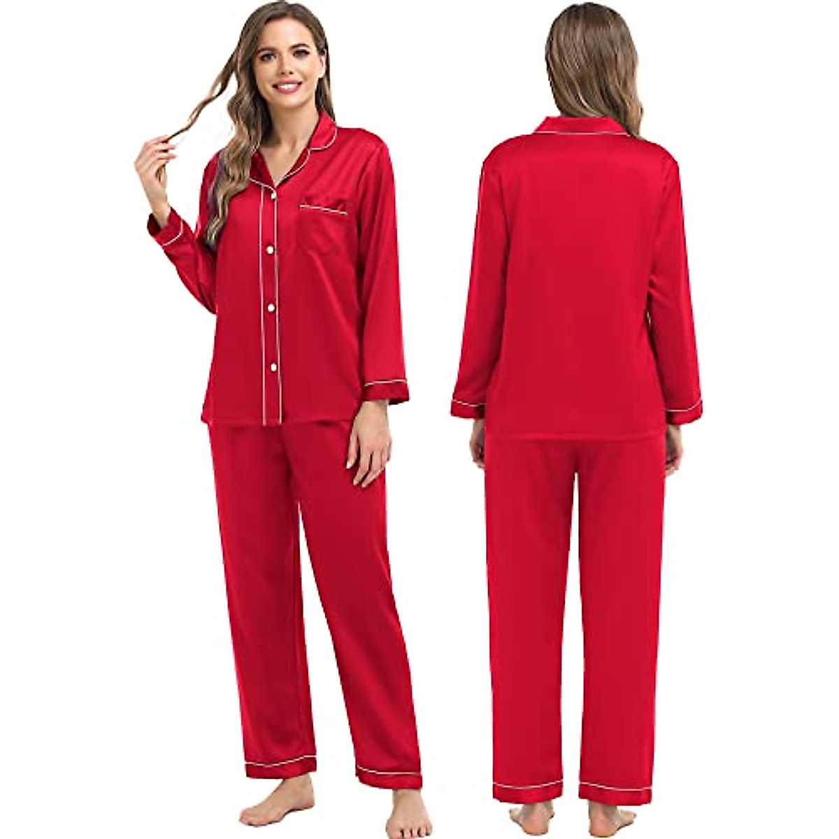 SWOMOG Womens Silk Satin Pajamas Set Long Sleeve Sleepwear Button-up Pjs Gifts Nightwear 2pcs Loungewear Red