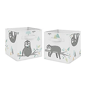 Sweet Jojo Designs Blue and Grey Jungle Sloth Leaf Foldable Fabric Storage Cube Bins Boxes Organizer Toys Kids Baby Childrens - Set of 2 - Turquoise, Gray and Green Botanical Rainforest