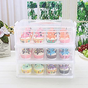 ATRDTO 3-Tiers Stack Carry Storage Box With Handle, Transparent Stackable Storage Bin With Handle Lid Latching Storage Container for Holds 36 Cupcakes or 3 Large Cake (Style A)