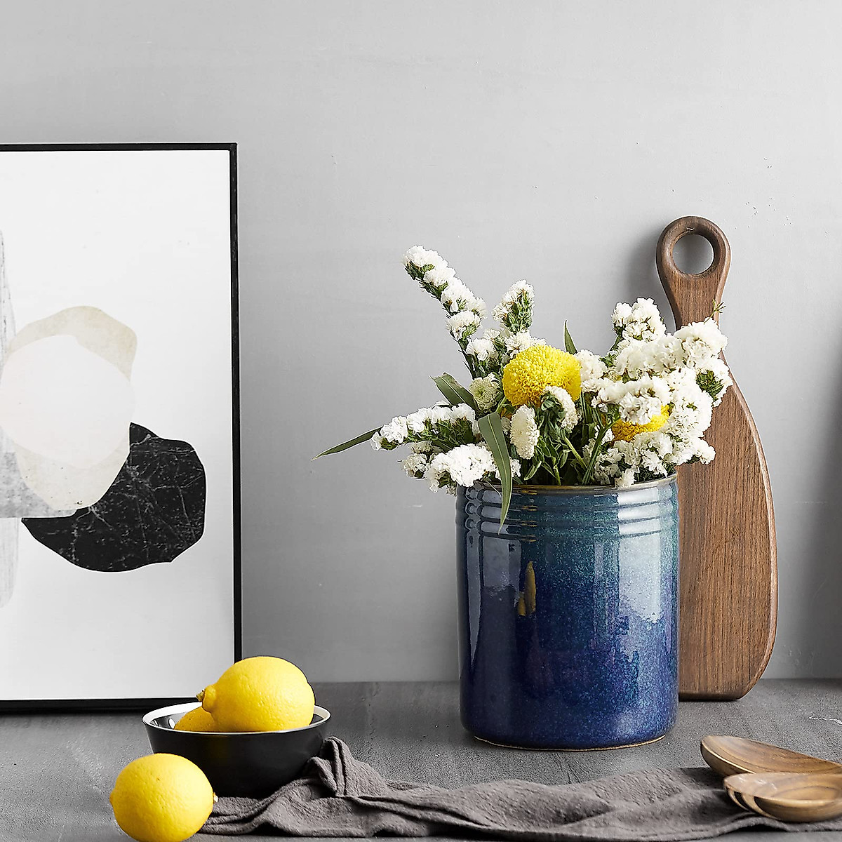 ZONESUM Kitchen Utensil Holder for Countertop, 7.2" Large Ceramic Utensil Crock with Table-Protection Cork Mat, Cooking Utensil Holder for Kitchen Decor, Starry Blue