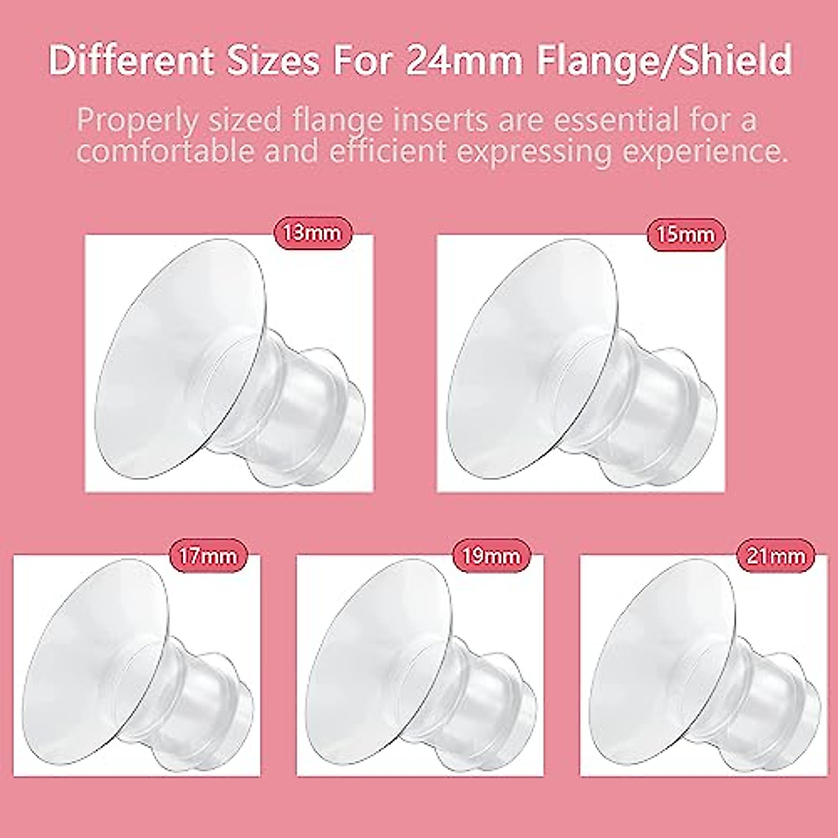 Silicone Flange Insert 13/15/17/19/21mm, Compatible with Medela, Willow, Momcozy S9/S10/S12 Wearable Hand Free Breast Pump Flange Insert, Reduce 24mm Shield/Flange Nipple Tunnel Down to Correct Size