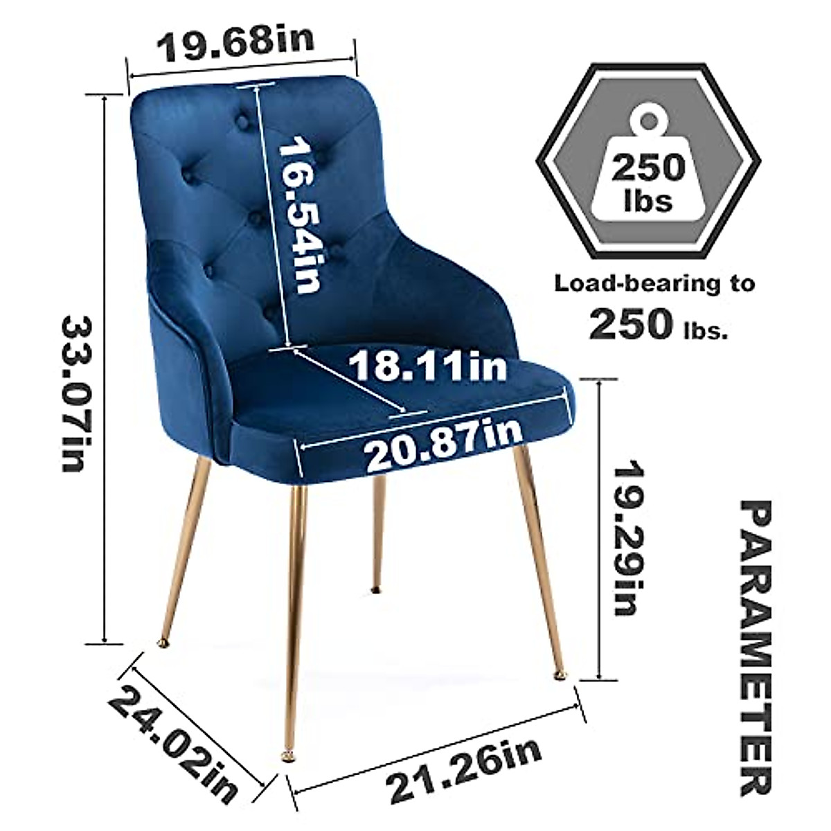 FCQuality Velvet Vanity Chair with Tufted Back Gold Metal Legs Dining Chair Mid Century Modern Upholstered Accent Desk Chair for Living Room Home Office Bedroom, Cobalt/Royal Blue