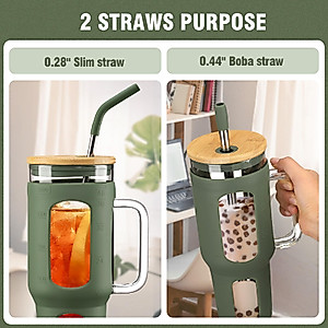 WINSA Glass Tumbler with Lid and Straw, 46 oz Iced Coffee Cup with Handle, Glass Water Bottles with Silicone Sleeve, Glass Cup with Straws - Pearl Straw & Drinking Straw BPA Free-Olive
