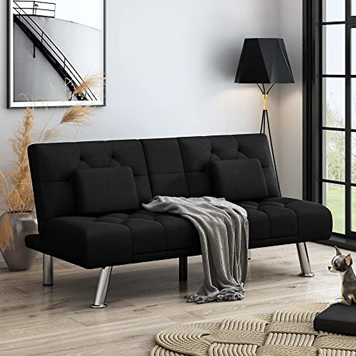 HIFIT Sofa Bed, Upholstered Convertible Folding Sleeper with Removable Armrests, Modern Futon Couch for Living Room, Bedroom, 2 Cupholders, Metal Legs, Black