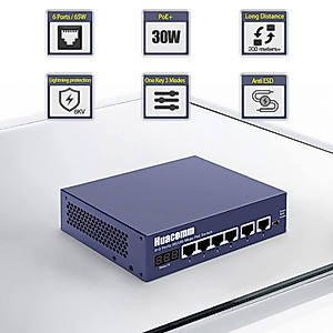 Huacomm 6-Port 10/100Mbps PoE Switch with 4 PoE Ethernet Ports | IEEE 802.3af/802.3at | Sturdy Metal | Plug-and-Play | Desktop | 65W PoE Budget | Unmanaged | HC1705P