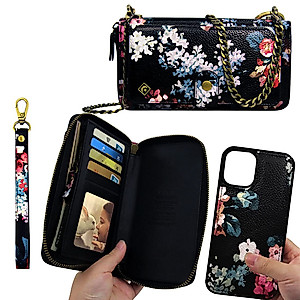 XGrand iPhone 13 Pro Max [3 in 1] Detachable Magnetic Zipper Purse Slots Money Pocket Clutch Crossbody Chain Wrist Strap Leather Wallet Cases - Black Floral