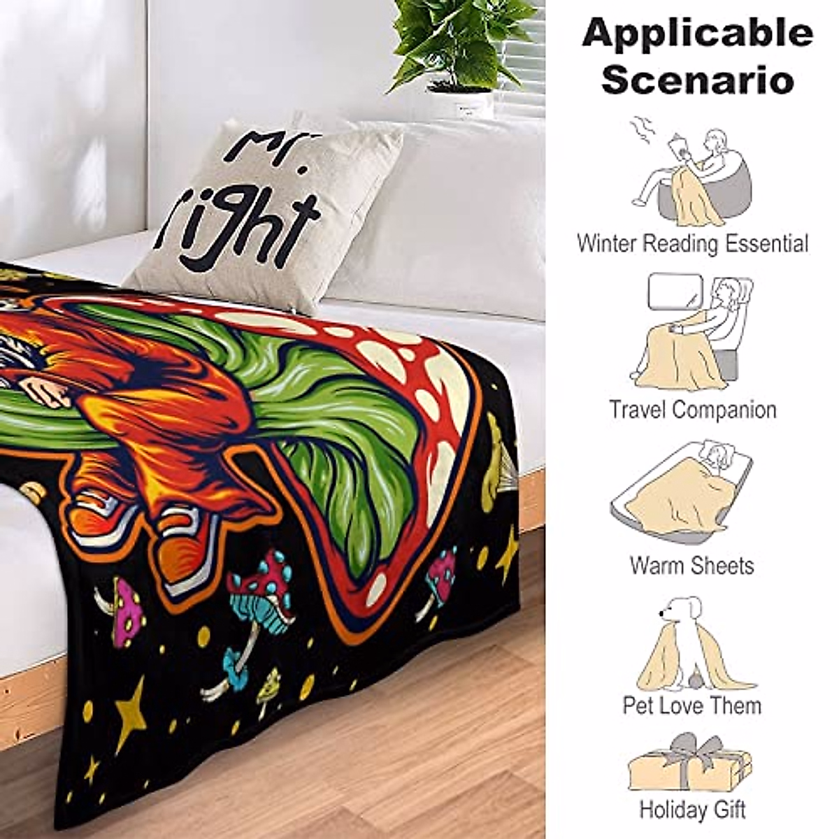 Magic Mushroom Blanket Gifts, 60"*80" Flannel Throw Blanket, Soft Warm Fuzzy Fluffy Plush Blankets for Women Men, for Sofa Couch Bed Travel Room Decor