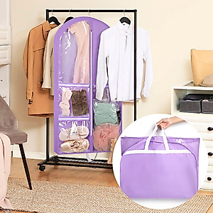 Linodes Dance Costume Bags Garment Bag 40'' for Dance Travel/Competition Storage with 4 Medium Clear Zipper Pockets and 1 Large Back Zipper Pocket-Fabric & PVC (Purple-Fabric & PVC, 40''- 3 Pack)