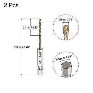 uxcell 2 Pcs High Speed Steel Hex Shank Twist Drill Bit, 2mm Drilling Dia with 1/4 Inch Hex Shank 70mm Length