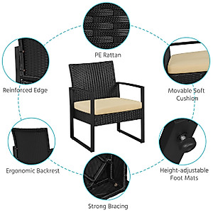 Yaheetech 3-Piece Patio Furniture Set, Rattan Wicker Outdoor Chairs Set of 2 w/Coffee Table - PE Rattan Chair Balcony Conversation Set for Yard/Bistro/Garden/House/Porch, Black/Khaki