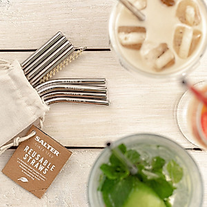 Salter 302 SSXR Eco Reusable Metal Drinking Straws, Curved and Straight Design, Set of 8, Includes a Sisal Fibre Cleaning Brush and Drawstring Bag, Perfect for a Night Out or Picnic, Stainless Steel