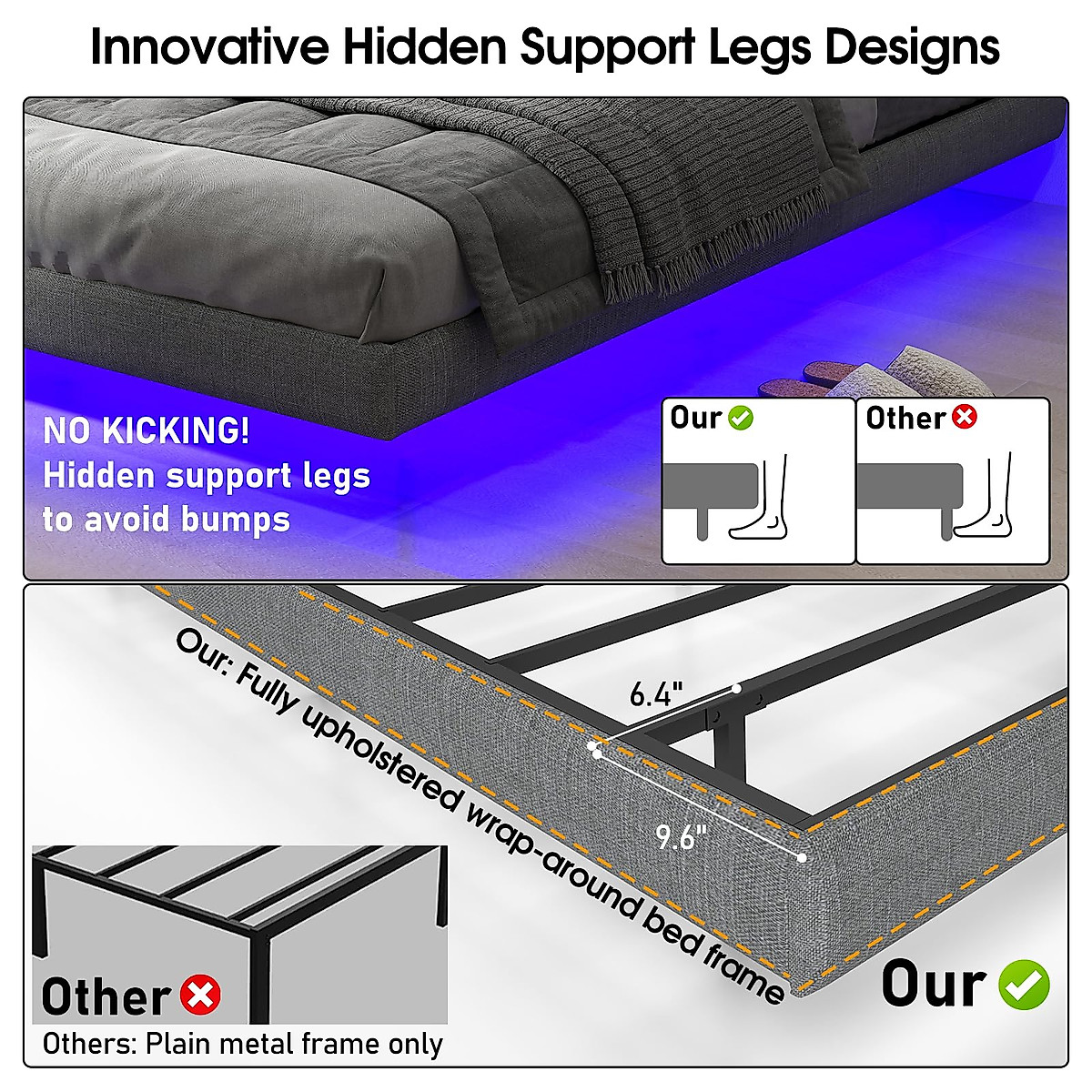 Anyhave 10.6" High Queen Floating Bed Frame Queen Size with LED Lights, Heavy Duty Metal Slats Support, No Box Spring Needed/Noise-Free/Large Under Bed Storage/Easy to Assemble