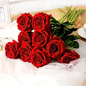 Artificial Silk Rose Flower,12 Pcs Real Looking Fake Roses with Stems, for Wedding Bouquets DIY Home Party Decoration Garden Background Decor (Red)