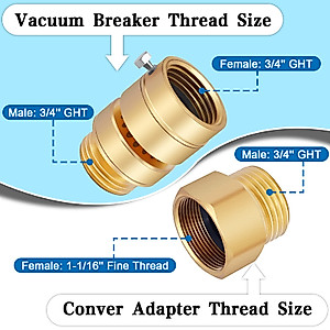 Self Draining Vacuum Breaker, No Lead Brass 3/4" Female x 1-1/16" GHT Male Hose Bib Backflow Preventer, Comes With 1-1/16" Female x 3/4" GHT Male Converter, Fit 1-1/16'' Fine Thread Faucet