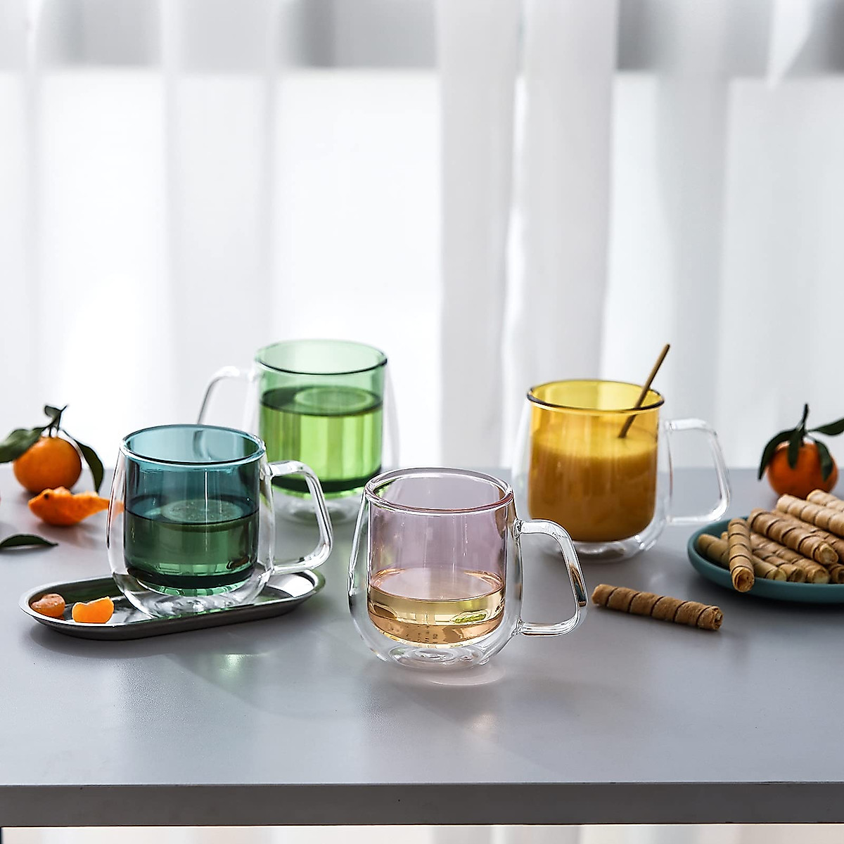 Colorful Double Walled Glass Coffee Mug 11.6 oz. Set of 4 Insulated Coffee Cups with Handle for Latte, Espresso, Cappuccino, Milk, Americano and Ice Tea