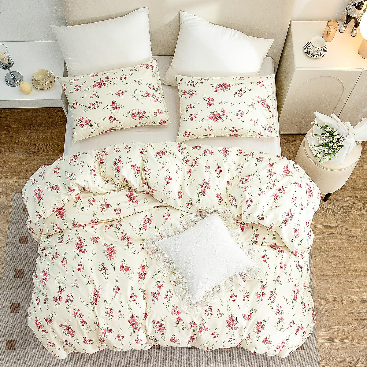 Floral Queen Duvet Cover Set, Luxury Microfiber Floarl Bedding Set Queen, 3 Pieces Queen Floral Duvet Cover, 1 Duvet Cover and 2 Pillowcases with Zipper Closure, Breathable Easy Care (Floarl, Queen)