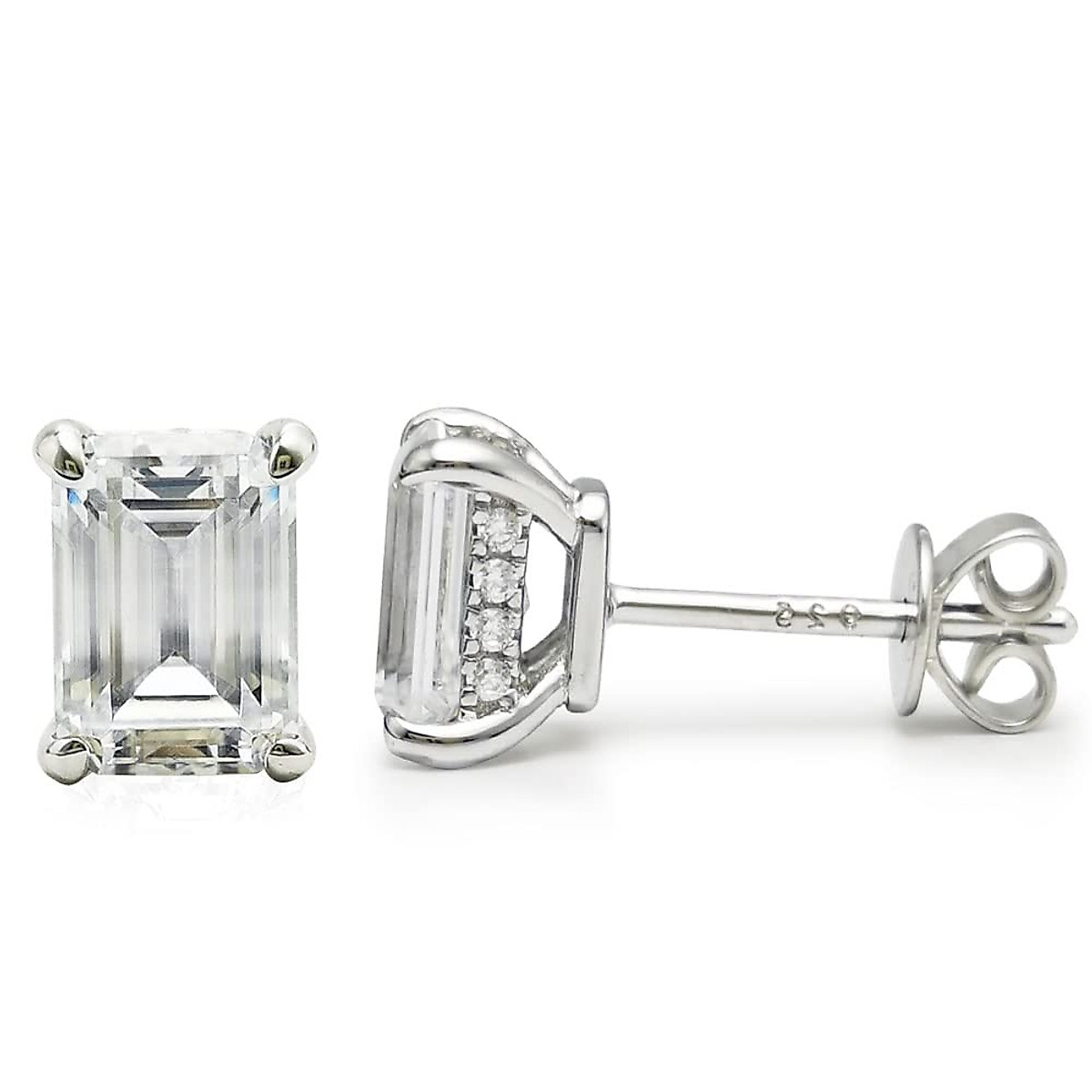 Bo.Dream Emerald Cut Cubic Zirconia CZ Stud Earrings for Women Faux Diamond 18K White Gold Plated Sterling Silver (Total 2.0 Carats, 5x7mm)