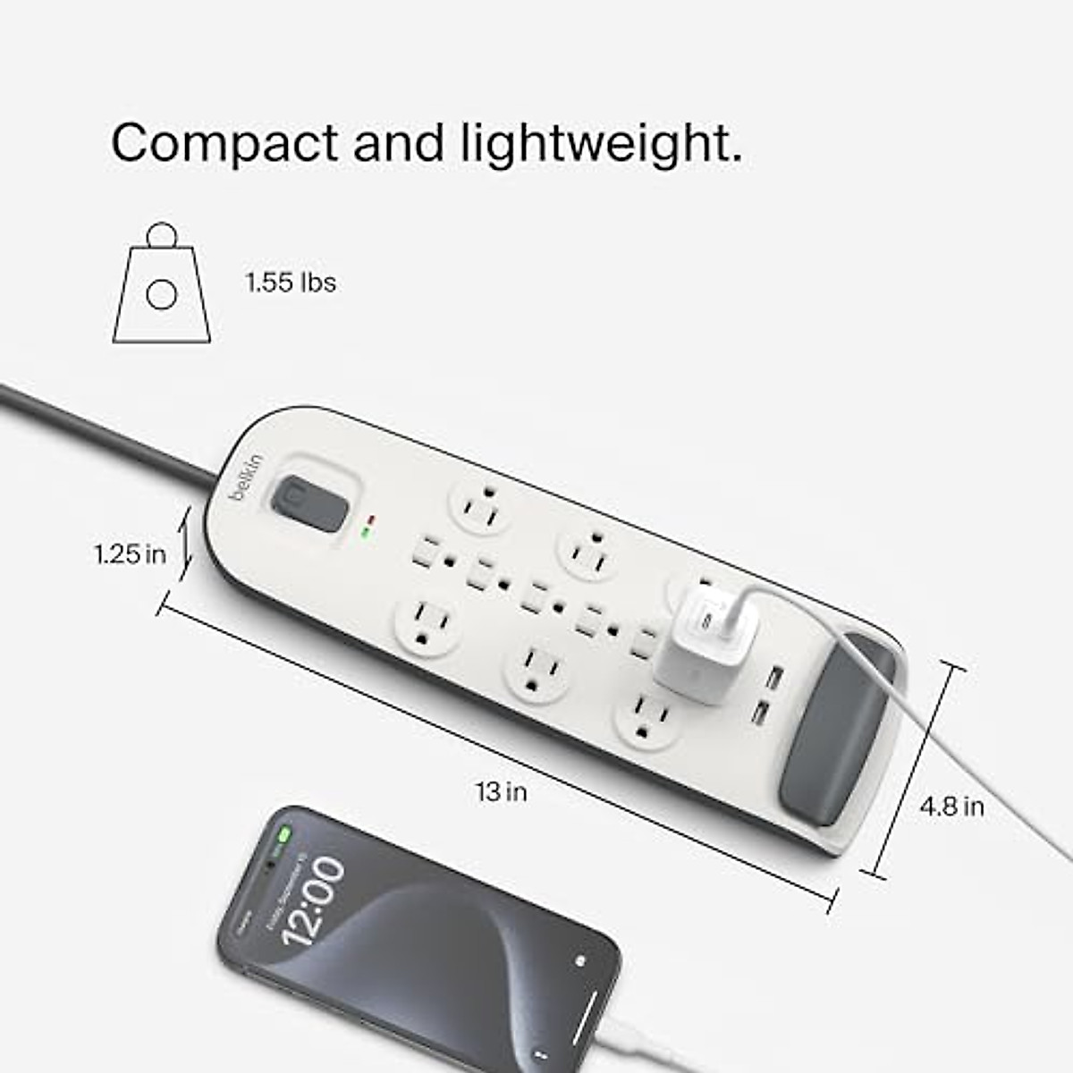 Belkin USB Power Strip Surge Protector - 12 AC Multiple Outlets & 2 USB Ports - 6 ft Long Flat Plug Extension Cord for Home, Office, Travel, Computer Desktop & Charging Brick - White (3,996 Joules)