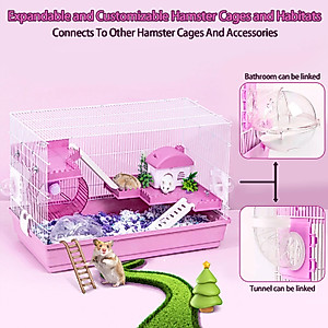 kathson Hamster Cages and Habitats Large Gerbil Cage with Accessories Hut Exercise Wheel Water Bottle Bowl Bathtub Small Animal Basic Cage for Syrian Hamster，3- Levels，22" L x 12.5" W x 14" H，Pink