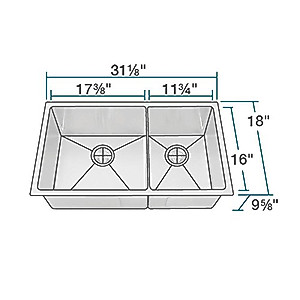 MR Direct 3160L-14 Stainless Steel Undermount 31-1/8 in. Double Bowl Kitchen Sink, 31" 60/40