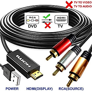 RCA to HDMI Cable 10FT with IC, 3-RCA AV to HDMI Male Cable Video Audio Component Converter Adapter 1080P Cable for TV HDTV DVD