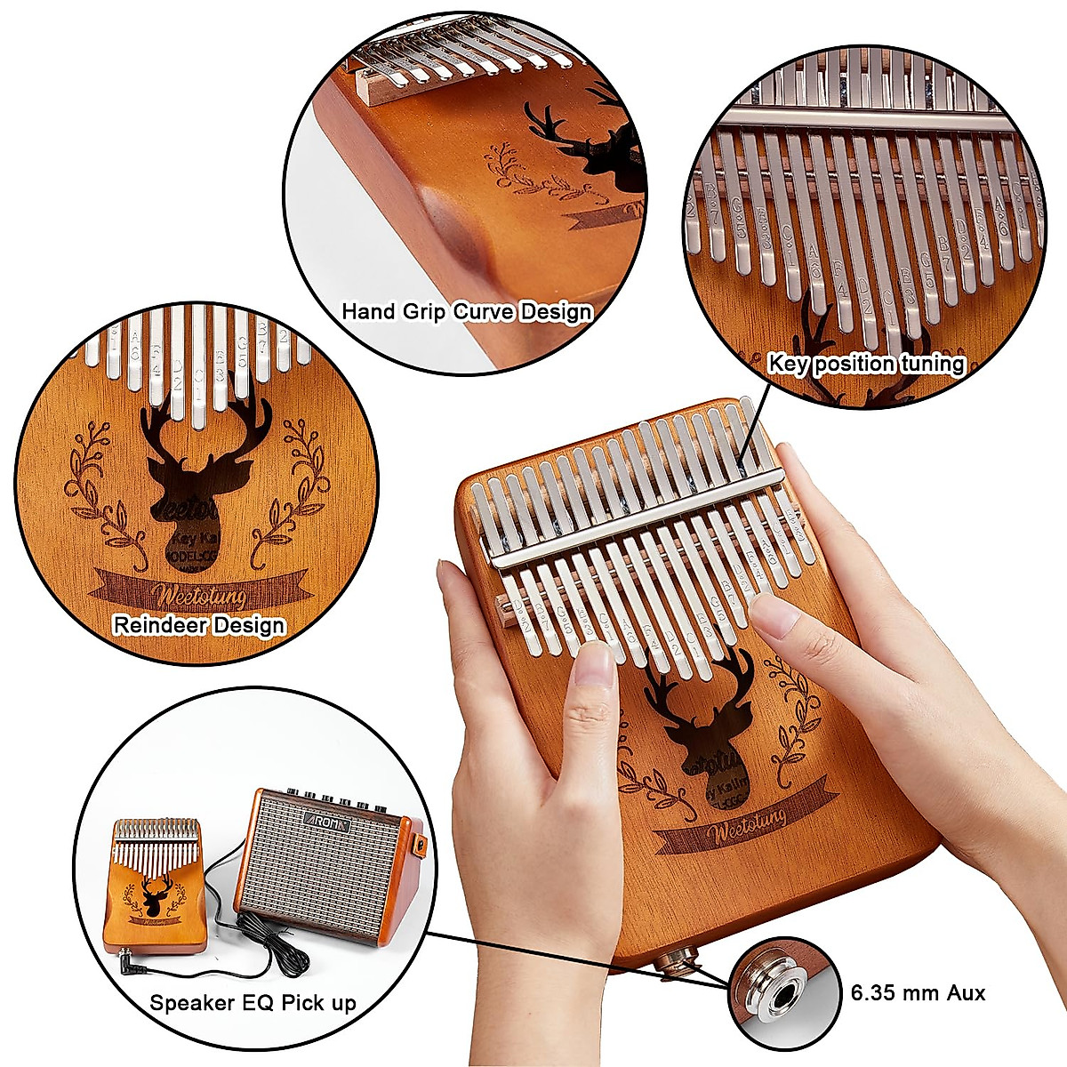 WEETOTUNG Kalimba Thumb Piano 17keys and Stress Relief, Contained 6.35mm Aux Cable Connection with Speaker EQ Pick up and the tool set for tuning