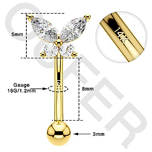 OUFER Gold Rook Piercing Jewelry 14K Solid Gold Butterfly Eyebrow Rings Rook Earrings 16G Daith Curved Barbell