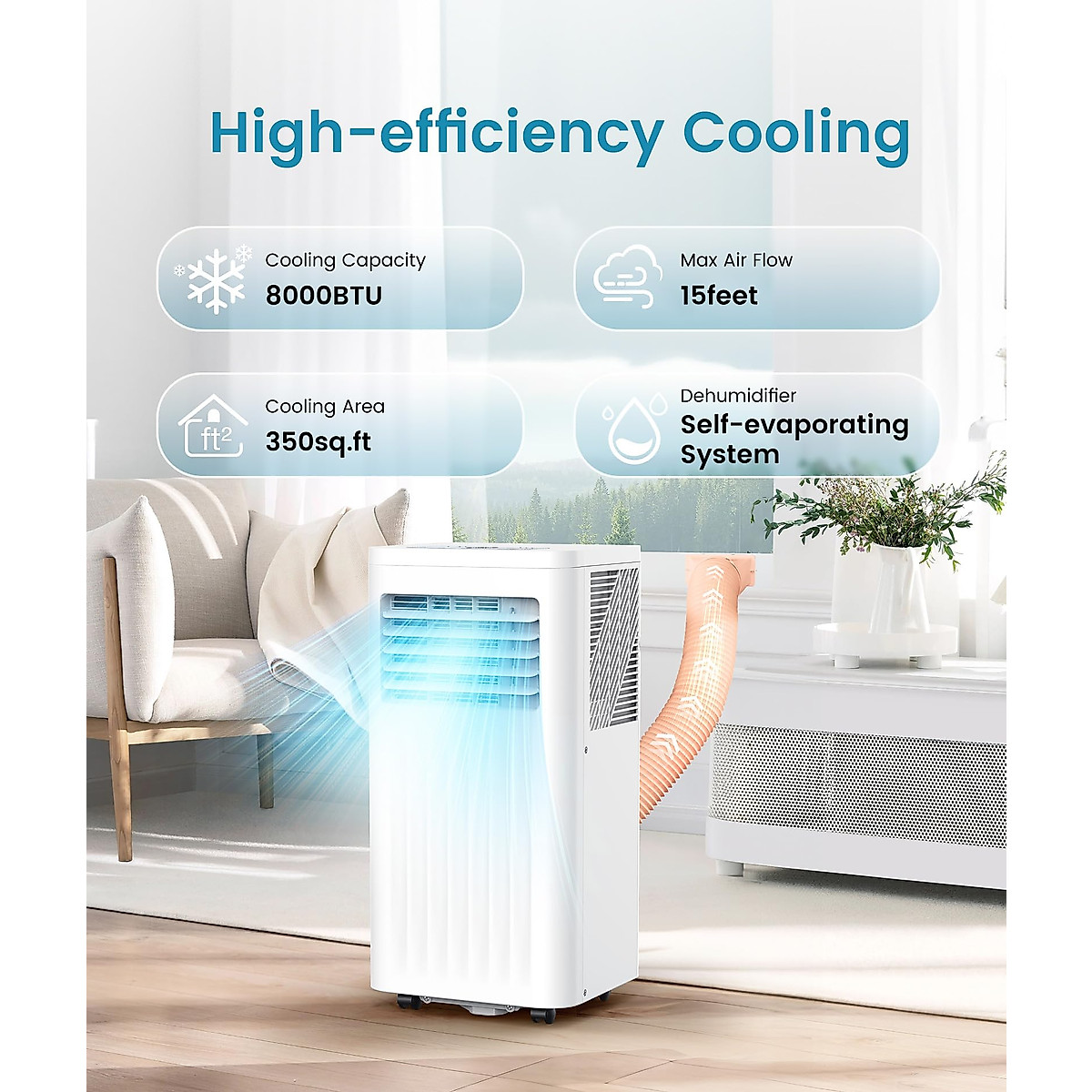 Joy Pebble Portable Air Conditioner, 8000 BTU Air Conditioner with Cooling, Fan, Dehumidifier, Sleep Mode, ≤55 db, Cooling up to 350 Sq. Ft. with 24H Timer/Digital Display/Remote Control & Window Kit