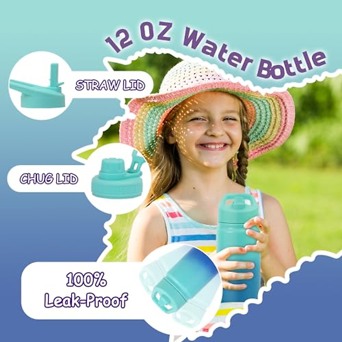 Mininoo Insulated Kids Water Bottle, 12 oz Stainless Steel Water Bottle Kids with Straw Lid and Chug Lid for Girls, Boys (Sky/Blue)