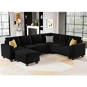 Belffin Velvet Modular Sectional Sofa with Storage Ottoman 6 Seater L Shaped Sectional Modular Sofa Couch with Reversible Chaise Convertible Corner Sectional Couch Black