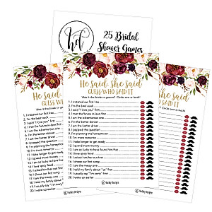 Hadley Designs 25 Floral Wedding Bridal Shower Engagement Bachelorette Anniversary Party Game Ideas, Gold He Said She Said Cards, Funny Co Ed Trivia Rehearsal Dinner Guessing Question Supplies
