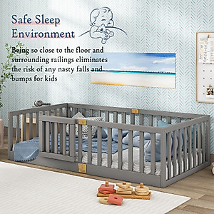 Tatub Montessori Twin Floor Bed with Safety Guardrails, Door Installs Left or Right - Grey Wood Frame